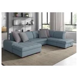 Sit & More Wohnlandschaft SIT & MORE "Luxor U-Form" Sofas Gr. B/H/T: 329cm x 82cm x 224cm, Soft clean, Ottomane rechts, ohne Bettfunktion-ohne Bettkasten-ohne Kopfteilverstellung, blau (hellblau) wahlweise mit Bettfunktion, Bettkasten und Kopfteilverstellung