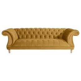 Chesterfield-Sofa Max Winzer "Isabelle" Sofas Gr. B/H/T: 253cm x 80cm x 100cm, Samtvelours 20442, gelb (mais) mit Knopfheftung & gedrechselten Füßen in Buche natur, Breite 260 cm