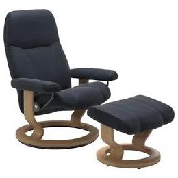 Relaxsessel stressless "Consul" Sessel Gr. Leder PALOMA, Classic Base Eiche, PlusTMSystem-Gleitsystem-Relaxfunktion-Drehfunktion-Kopfstützenverstellung-Rückteilverstellung, B/H/T: 85cm x 100cm x 77cm, blau (shadow blue paloma) mit Hocker, Classic Base, Größe L, Gestell Eiche