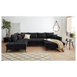 Wohnlandschaft Inosign "Lörby U-Form" Sofas Gr. B/H/T: 339 cm x 90 cm x 190 cm, Struktur weich, Ottomane links, Struktur weich, schwarz auch mit Aqua clean-Bezug, feine Steppung im Sitzbereich, lose Kissen