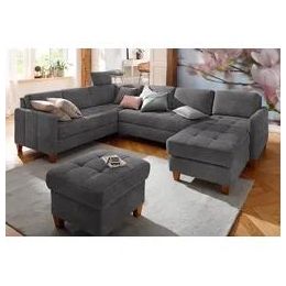 Wohnlandschaft Home Affaire "Earl U-Form" Sofas Gr. B/H/T: 292 cm x 80 cm x 204 cm, Luxus-Microfaser Lederoptik, Recamiere rechts, ohne Bettfunktion, grau (anthrazit) wahlweise auch mit Bettfunktion oder Bettkasten