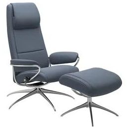 Relaxsessel stressless "Paris" Sessel Gr. Leder PALOMA, Star Base-High Base, PlusTMSystem-Gleitsystem-Relaxfunktion-Drehfunktion-Kopfstützenverstellung-Rückteilverstellung, B/H/T: 80cm x 114cm x 74cm, blau (sparrow paloma) mit Hocker, High Back, Star Base, Gestell Chrom