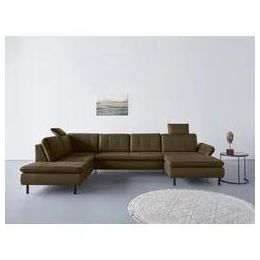 Wohnlandschaft Inosign "Birkholm U-Form" Sofas Gr. B/H/T: 347cm x 83cm x 226cm, Luxus-Microfaser in Lederoptik, Ottomane links, mit Armlehnfunktion, grün (olive) Armlehnverstellung, auch in Easy Clean Bezug - mit Wasser zu reinigen