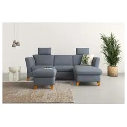 Ecksofa Home Affaire "Trelleborg L-Form" Sofas Gr. B/H/T: 249cm x 86cm x 162cm, Chenille-Optik, Recamiere rechts, mit Bettfunktion-mit Bettkasten, blau (blaugrau) Federkern-Polsterung, wahlweise mit Bettfunktion und Bettkasten