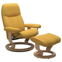 Relaxsessel stressless "Consul" Sessel Gr. ROHLEDER Stoff Q2 FARON, Classic Base Eiche, PlusTMSystem-Gleitsystem-Relaxfunktion-Drehfunktion-Kopfstützenverstellung-Rückteilverstellung, B/H/T: 85cm x 100cm x 77cm, gelb (yellow q2 faron) mit Hocker, Classic Base, Größe L, Gestell Eiche