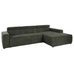 Ecksofa DOMO collection "Brandon große Ausführung B/T/H: 289/177/80 cm, auch in Leder und Cord" Sofas Gr. B/H/T: 289cm x 80cm x 175cm, Chenille-Optik, Recamiere rechts, mit Sitztiefenverstellung, mit Nierenkissen, grün (dunkelgrün) mit Kopfteilverstellung, wahlweise Sitztiefenverstellung, L-Form