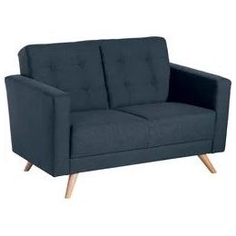 2-Sitzer Max Winzer "Julius zeitlos, elegant im skandinavischen Stil, mit hohem Sitzkomfort" Sofas Gr. B/H/T: 128cm x 81cm x 83cm, Strukturwebstoff 16523, blau mit Knopfheftung, Retro, schmale Armlehnen, Breite 128 cm