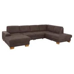 Wohnlandschaft Home Affaire "Puccini U-Form" Sofas Gr. B/H/T: 340cm x 86cm x 224cm, Luxus-Microfaser Vintageoptik, Ottomane rechts, mit Bettfunktion-ohne Stauraum, braun mit Federkern, Sitztiefenverstellung, Kontrastnaht