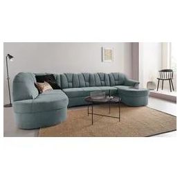 Wohnlandschaft DOMO collection "Papenburg U-Form" Sofas Gr. B/H/T: 297 cm x 84 cm x 180 cm, Webstoff, Recamiere rechts, ohne Bettfunktion, blau (eisblau) in großer Farbvielfalt, wahlweise Bettfunktion, frei im Raum stellbar