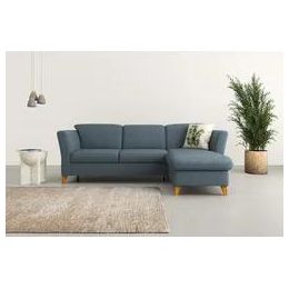 Ecksofa Home Affaire "Trelleborg L-Form" Sofas Gr. B/H/T: 249cm x 86cm x 162cm, Struktur, Recamiere rechts, mit Bettfunktion-mit Bettkasten, blau (blaugrau) Federkern-Polsterung, wahlweise mit Bettfunktion und Bettkasten