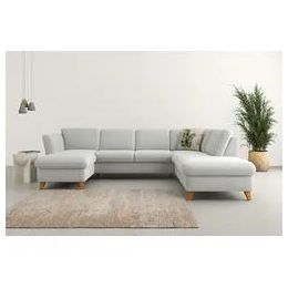 Wohnlandschaft Home Affaire "Trelleborg U-Form" Sofas Gr. B/H/T: 307 cm x 86 cm x 213 cm, Chenille-Optik, Ottomane rechts, ohne Bettfunktion-ohne Stauraum, grau (hellgrau) Federkern-Polsterung, wahlweise mit Bettfunktion und Stauraum