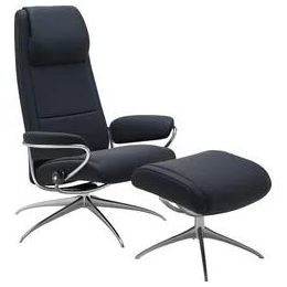 Relaxsessel stressless "Paris" Sessel Gr. Leder PALOMA, Star Base-High Base, PlusTMSystem-Gleitsystem-Relaxfunktion-Drehfunktion-Kopfstützenverstellung-Rückteilverstellung, B/H/T: 80cm x 114cm x 74cm, blau (shadow paloma) mit Hocker, High Back, Star Base, Gestell Chrom