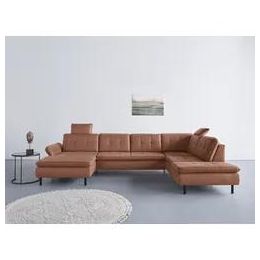 Wohnlandschaft Inosign "Birkholm U-Form" Sofas Gr. B/H/T: 347 cm x 83 cm x 226 cm, Luxus-Microfaser in Lederoptik, Ottomane rechts, mit Armlehnfunktion, braun (haselnuss) Armlehnverstellung, auch in Easy Clean Bezug - mit Wasser zu reinigen