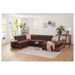 Wohnlandschaft Inosign "Avesa U-Form", braun (dunkelbraun), B:355cm H:80cm T:216cm, 100% Polyester, Sofas, Wahlweise mit Armteilverstellung und Bettfunktion, B/T/H: 355/216/80cm