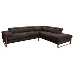 Ecksofa W.Schillig "finn" Sofas Gr. B/H/T: 281cm x 71cm x 230cm, Longlife Xtra-Leder Z59, Ottomane rechts, ohne Kopfteilverstellung-mit motorischer Sitztiefenverstellung, braun (braun z59) German Design Award 2016, Fußgestell Nussbaum natur, Breite 281 cm