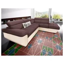 Ecksofa COTTA "Speedway L-Form" Sofas Gr. B/H/T: 262cm x 79cm x 102cm, Kunstleder SOFTLUX-Luxus-Microfaser, Ottomane rechts, ohne Bettfunktion-ohne Bettkasten-mit Kopfteilverstellung, braun (creme, braun) mit Kopfteilverstellung, wahlweise Bettfunktion und Bettkasten