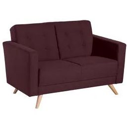 2-Sitzer Max Winzer "Julius zeitlos, elegant im skandinavischen Stil, mit hohem Sitzkomfort" Sofas Gr. B/H/T: 128cm x 81cm x 83cm, Strukturwebstoff 16523, rot (burgund) mit Knopfheftung, Retro, schmale Armlehnen, Breite 128 cm