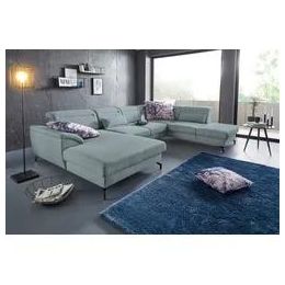 Sit & More Wohnlandschaft SIT & MORE "Percy U-Form" Sofas Gr. B/H/T: 343cm x 77cm x 235cm, Feinstruktur, Recamiere links, mit schwarzem Nickelfuß, blau (aqua) 12 cm Fußhöhe, Sitztiefenverstellung, wahlweise in 2 Fußfarben