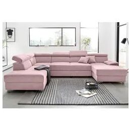 Wohnlandschaft DOMO collection "Mira U-Form" Sofas Gr. B/H/T: 337cm x 78cm x 230cm, Luxus-Microfaser, Recamiere rechts, mit Kopfteilverstellung, rosa (flamingo) wahlweise mit Bettfunktion und Bettkasten