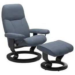 Relaxsessel stressless "Consul" Sessel Gr. Leder PALOMA, Classic Base Schwarz, PlusTMSystem-Gleitsystem-Relaxfunktion-Drehfunktion-Kopfstützenverstellung-Rückteilverstellung, B/H/T: 72cm x 94cm x 70cm, blau (sparrow blue paloma) mit Hocker, Classic Base, Größe S, Gestell Schwarz