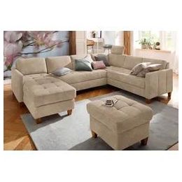 Wohnlandschaft Home Affaire "Earl U-Form" Sofas Gr. B/H/T: 292cm x 80cm x 204cm, Luxus-Microfaser Lederoptik, Recamiere links, ohne Bettfunktion, beige wahlweise auch mit Bettfunktion oder Bettkasten