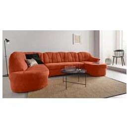 Wohnlandschaft DOMO collection "Papenburg U-Form" Sofas Gr. B/H/T: 297 cm x 84 cm x 180 cm, Chenilleoptik, Recamiere rechts, mit Bettfunktion, orange (terra) in großer Farbvielfalt, wahlweise Bettfunktion, frei im Raum stellbar