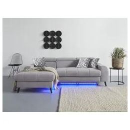 Ecksofa COTTA "Mia L-Form" Sofas Gr. B/H/T: 236cm x 74cm x 164cm, Microfaser, Recamiere links, Mit Bettfunktion-mit Bettkasten-mit RGB-LED-Beleuchtung-mit Wireless Charger, grau (stone) 3-tlg.-Kissen-Set, Recamiere, wahlweise mit oder ohne RGB-Beleuchtung