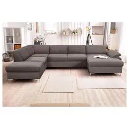 Wohnlandschaft DOMO collection "Santana U-Form" Sofas Gr. B/H/T: 352cm x 79cm x 90cm, Microfaser PRIMABELLE, Recamiere rechts, mit Bettfunktion-ohne Federkern, grau wahlweise mit Bettfunktion