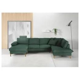 Wohnlandschaft 3C Candy "Lecce, wahlweise PUR-Schaumstoff oder Tonnentaschenfederkern U-Form" Sofas Gr. B/H/T: 339cm x 86cm x 220cm, Feincord, Longchair links, Sitzaufbau PUR-Schaumstoff, grün Bettkasten in Umbauecke und Longchair, sowie Querschläfer im 2-Sitzer