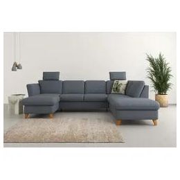 Wohnlandschaft Home Affaire "Trelleborg U-Form" Sofas Gr. B/H/T: 307 cm x 86 cm x 213 cm, Chenille-Optik, Ottomane rechts, ohne Bettfunktion-ohne Stauraum, blau (blaugrau) Federkern-Polsterung, wahlweise mit Bettfunktion und Stauraum