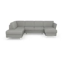 Sit & More Wohnlandschaft SIT & MORE "Visby U-Form" Sofas Gr. B/H/T: 303cm x 87cm x 213cm, Luxus-Microfaser Paris, Ottomane links, mit Bettfunktion-mit Stauraum, silberfarben (silber) Wahlweise mit Bettfunktion und Stauraum, frei im Raum stellbar