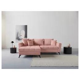 Ecksofa Inosign "Lörby L-Form" Sofas Gr. B/H/T: 246 cm x 90 cm x 170 cm, Feincord, Recamiere links, Feincord, rosa (flamingo) auch mit Aqua clean-Bezug, feine Steppung im Sitzbereich, lose Kissen