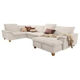 Wohnlandschaft Home Affaire "Lyla U-Form" Sofas Gr. B/H/T: 352cm x 81cm x 214cm, Struktur fein, Recamiere rechts, ohne Funktion, beige (natur) wahlweise mit Rückenfunktion und zusätzlich Bett + Bettkasten