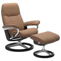 Relaxsessel stressless "Consul" Sessel Gr. Leder BATICK, Signature Base Schwarz, BalanceAdaptTM-PlusTMSystem-Gleitsystem-Relaxfunktion-Drehfunktion-Kopfstützenverstellung-Rückteilverstellung, B/H/T: 78cm x 97cm x 70cm, braun (latte batick) mit Hocker, Signature Base, Größe S, Gestell Schwarz