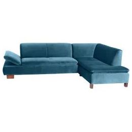 Ecksofa Max Winzer "Tampere modern, edler Samtvelours Bezug, Mattenoptik im Sitz, bequem" Sofas Gr. B/H/T: 273cm x 75cm x 190cm, Samtvelours, Ottomane rechts, blau (petrol) mit Armlehnverstellung, Ottomane wahlweise rechts oder links, L-Form