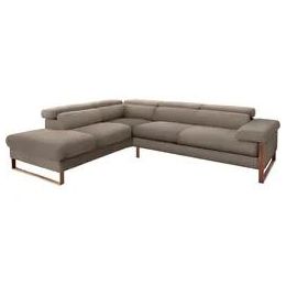 Ecksofa W.Schillig "finn" Sofas Gr. B/H/T: 281 cm x 71 cm x 230 cm, Longlife Xtra-Leder Z59, Ottomane links, ohne Kopfteilverstellung-mit motorischer Sitztiefenverstellung, braun (stone z59) German Design Award 2016, Fußgestell Nussbaum natur, Breite 281 cm