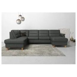 Wohnlandschaft Home Affaire "Palmera U-Form" Sofas Gr. B/H/T: 308 cm x 89 cm x 212 cm, Material, Ottomane links, ohne Bettfunktion-ohne Bettkasten-Rücken Spannstoff, grau (anthrazit) Federkern, wahlweise mit Bettfunktion und mitohne Stauraum