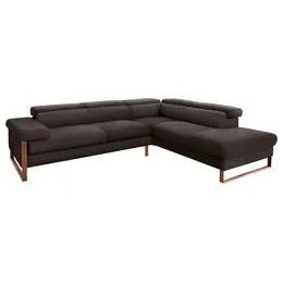 Ecksofa W.Schillig "finn" Sofas Gr. B/H/T: 281 cm x 71 cm x 230 cm, Longlife Xtra-Leder Z59, Ottomane rechts, ohne Kopfteilverstellung-ohne Sitztiefenverstellung, braun (braun z59) German Design Award 2016, Fußgestell Nussbaum natur, Breite 281 cm