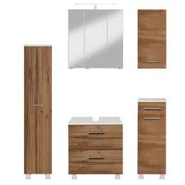 Badmöbel-Set Welltime ""Trento", Badezimmer-Set, Hängeschrank, Unterschrank, Midischrank" Kastenmöbel-Sets Gr. B/H/T: 120 cm x 200 cm x 35 cm, weiß (wotaneiche, weiß) Waschbeckenunterschrank, Spiegelschrank inkl. Aufbauleuchte