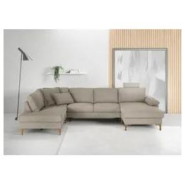 Wohnlandschaft 3C Candy "Lecce, wahlweise PUR-Schaumstoff oder Tonnentaschenfederkern U-Form" Sofas Gr. B/H/T: 339cm x 86cm x 220cm, Feincord, Longchair rechts, Sitzaufbau mit Tonnentaschenfederkern, gelb Bettkasten in Umbauecke und Longchair, sowie Querschläfer im 2-Sitzer