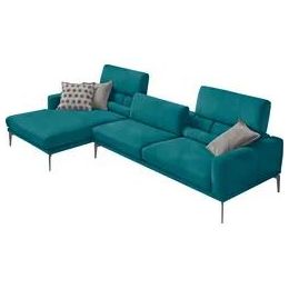 Ecksofa Egoitaliano "Masu, Design trifft sensationellen Sitzkomfort" Sofas Gr. B/H/T: 277cm x 95cm x 157cm, Luxus-Microfaser BLUSH, Recamiere links, blau (teal) inkl. 2 Kissenrollen, Rückenelemente manuell verstellbar, Metallfüße