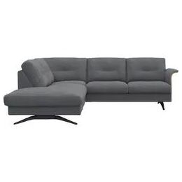 Ecksofa FLEXLUX "Glow, super bequem durch hochwertigem Sitzaufbau mit Federkern, L-Form" Sofas Gr. B/H/T: 236cm x 81cm x 224cm, Lederoptik, Ottomane links, Armlehnen in Walnuss, grau (elephant grau) Modernes skandinavisches Design