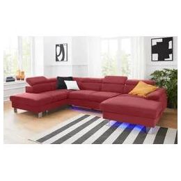 Wohnlandschaft COTTA "Komaris U-Form" Sofas Gr. B: 320cm, NaturLEDER, Ottomane links, mit Bettfunktion-mit Bettkasten-mit RGB-LED-Beleuchtung-mit Kopfteilverstellung, rot inklusive Kopfteilverstellung, wahlweise mit Bettfunktion und RGB-LED