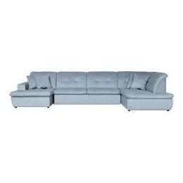 Wohnlandschaft Inosign "BRISBANE NEU U-Form" Sofas Gr. B/H/T: 380cm x 83cm x 202cm, Samtoptik, Recamiere links, blau (hellblau) mit feiner Steppung, Matten-Optik, incl. Zierkissen