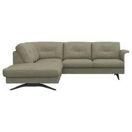 Ecksofa FLEXLUX "Glow, super bequem durch hochwertigem Sitzaufbau mit Federkern, L-Form" Sofas Gr. B/H/T: 236cm x 81cm x 224cm, Bouclé, Ottomane links, Armlehnen in Walnuss, grün (fall grün) Modernes skandinavisches Design