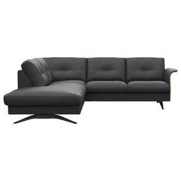 Ecksofa FLEXLUX "Glow, super bequem durch hochwertigem Sitzaufbau mit Federkern, L-Form" Sofas Gr. B/H/T: 236cm x 81cm x 224cm, Echtleder, Ottomane links, Armlehnen in Walnuss, schwarz (deep schwarz) Modernes skandinavisches Design