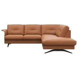 Ecksofa FLEXLUX "Glow, super bequem durch hochwertigem Sitzaufbau mit Federkern, L-Form" Sofas Gr. B/H/T: 236cm x 81cm x 224cm, Echtleder, Ottomane rechts, Armlehnen in Walnuss, braun (modern cognac braun) Modernes skandinavisches Design