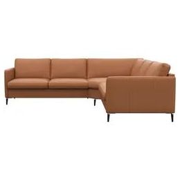 Ecksofa FLEXLUX "Fiore, L-Form, bequem und komfortabel durch hochwertigem Sitzaufbau" Sofas Gr. B/H/T: 249cm x 85cm x 92cm, Echtleder, Schenkel links, braun (modern cogna) schmale Armlehnen, Kaltschaum, Füße Alu+schwarz