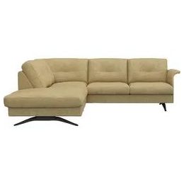 Ecksofa FLEXLUX "Glow, super bequem durch hochwertigem Sitzaufbau mit Federkern, L-Form" Sofas Gr. B/H/T: 236cm x 81cm x 224cm, Bouclé, Ottomane links, Armlehnen in Walnuss, gelb (mustard gelb) Modernes skandinavisches Design