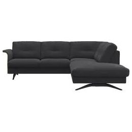 Ecksofa FLEXLUX "Glow, super bequem durch hochwertigem Sitzaufbau mit Federkern, L-Form" Sofas Gr. B/H/T: 236cm x 81cm x 224cm, Lederoptik, Ottomane rechts, Armlehnen in Walnuss, schwarz (gorilla schwarz) Modernes skandinavisches Design